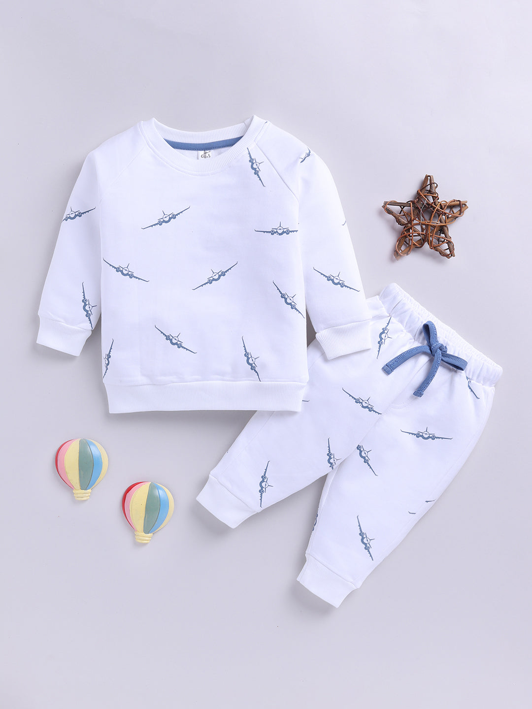 'Airplane' White Cotton Full Sleeve Co-ord Set – Clt.s